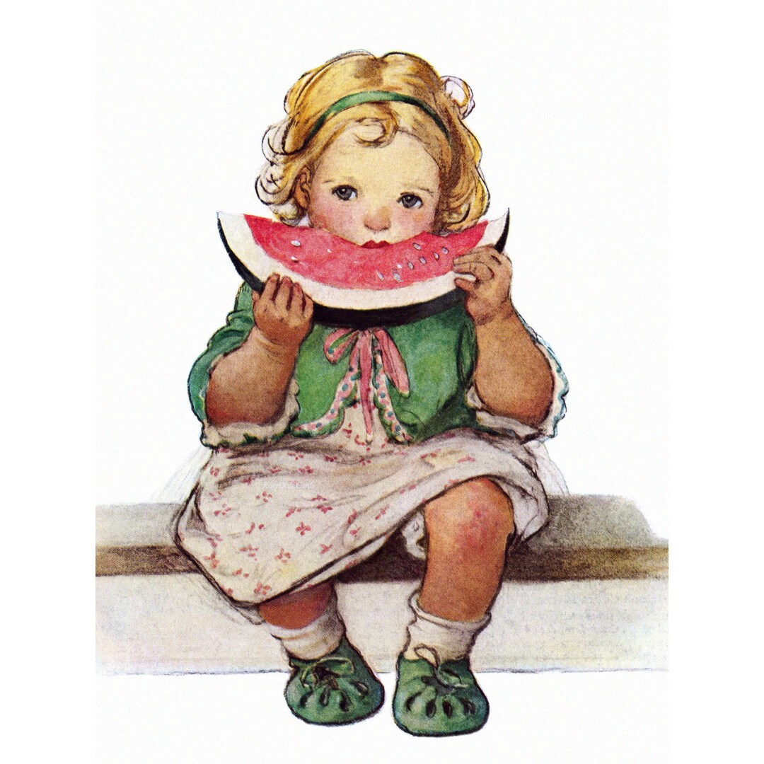 Little Girl Card - Child Eats Watermelon - Summer Artwork Home Decor - Etsy