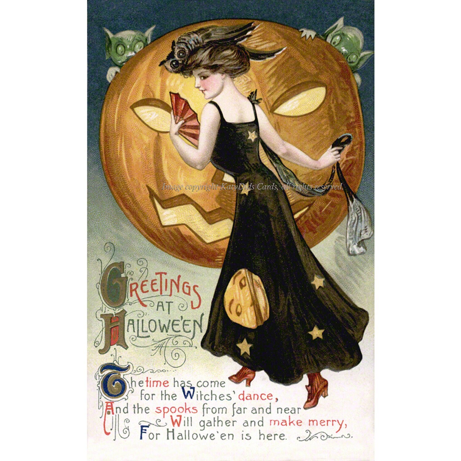 Halloween Witch Card Witches Dance With Goblins Pumpkin Vintage Style ...