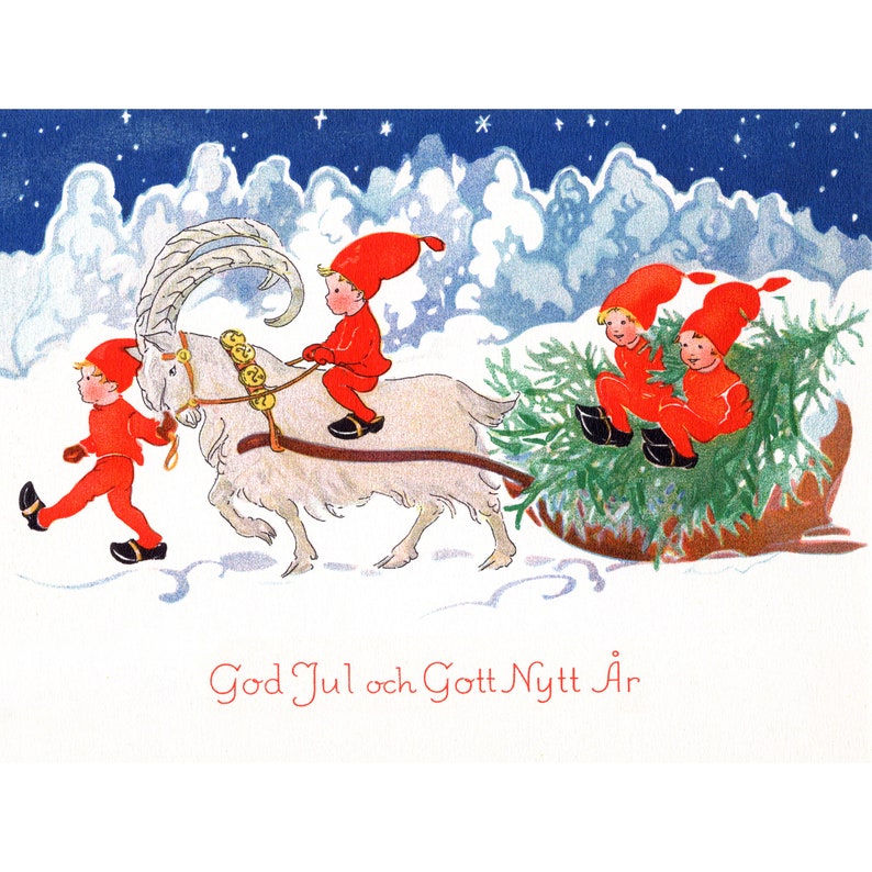 Christmas Greeting Card Yule Goat and Tomten Nisse Elves W - Etsy