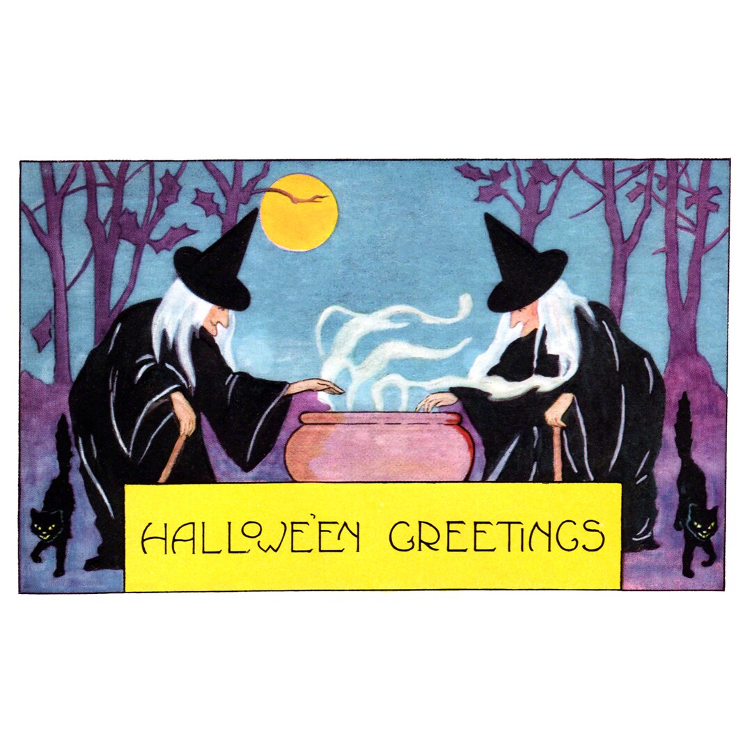 Halloween Card - Witches Casting Spells - Witch Brewing Potions in a ...
