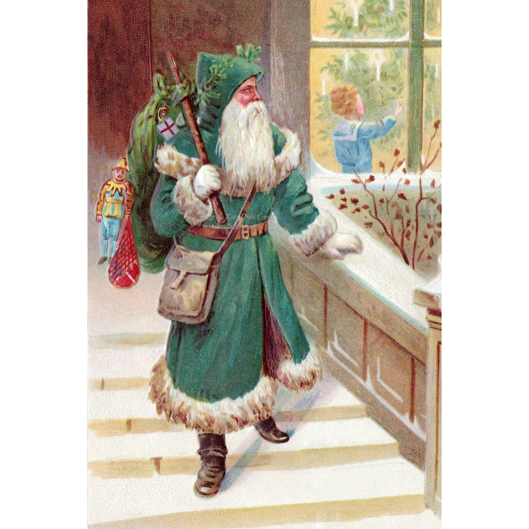 Santa Claus Card - Green Robe Saint Nicholas With Gifts - Holiday Home ...