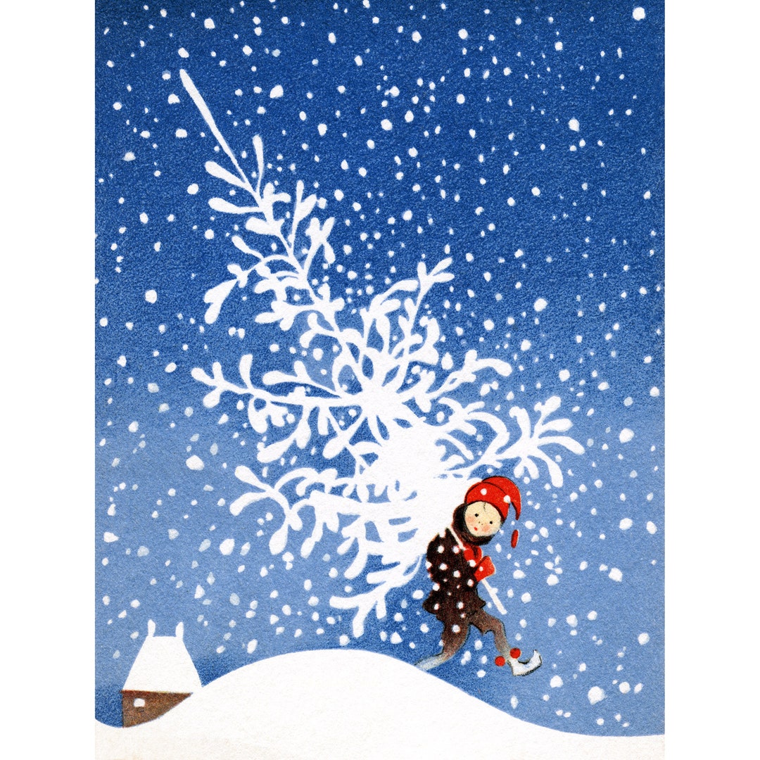 Christmas Card - Boy With Snowy Fir Tree Notecard - Scandinavian Boy in ...