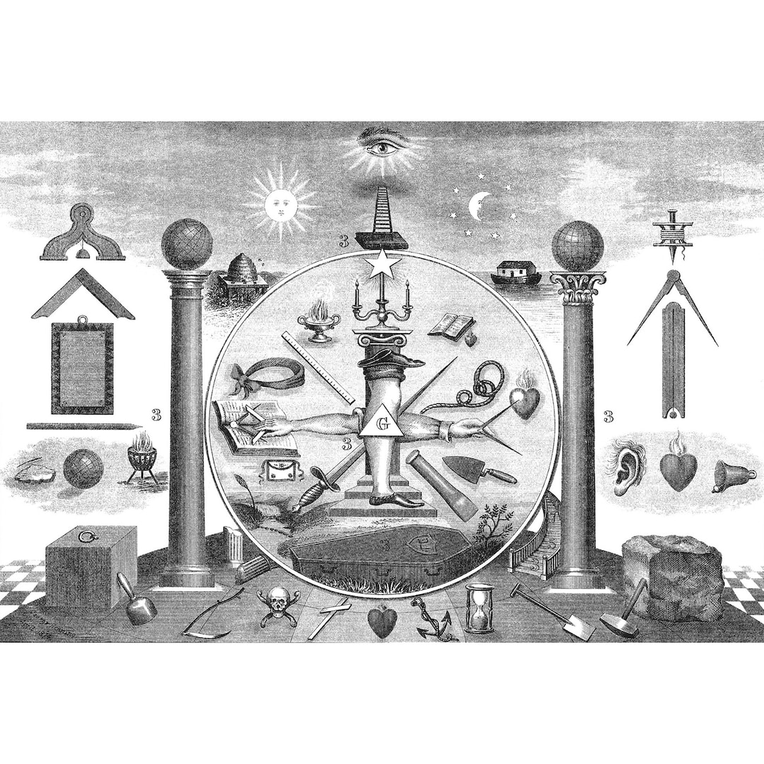 Masonic Symbols Card - Mason Emblems Notecard - Repro Vintage Engraving ...