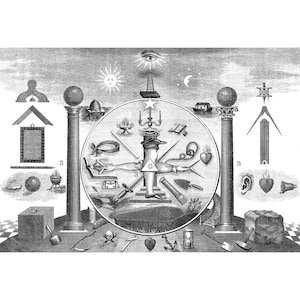 Masonic Symbols Card - Mason Emblems Notecard - Repro Vintage Engraving ...