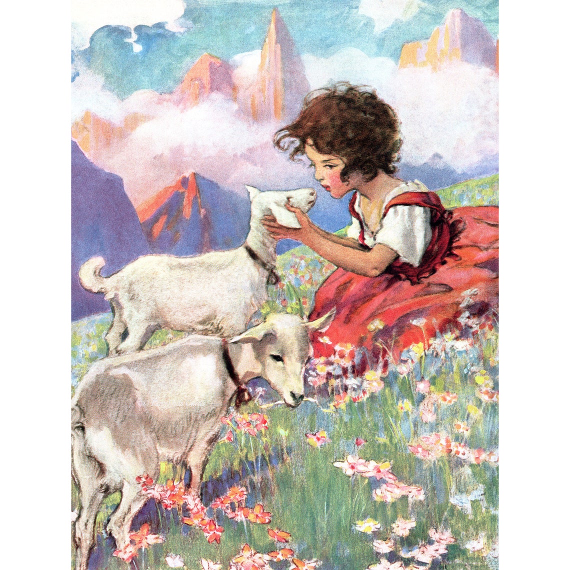 Little Girl Card Heidi With Her Goats Among Flowers Spring - Etsy