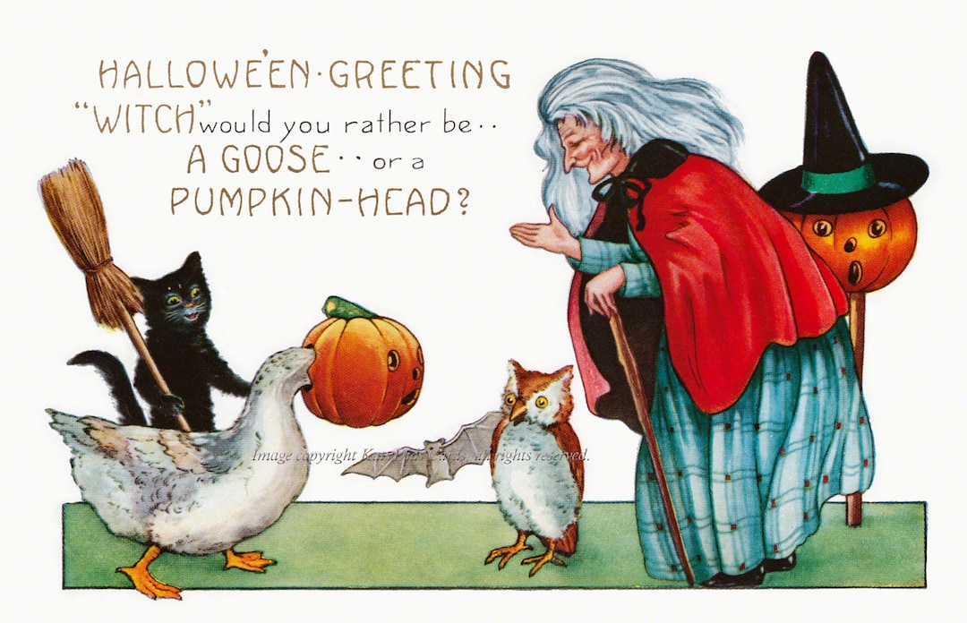 Halloween Card - Witch With Pumpkin Head Goose, Cat, Owl, Bat, Broom - Etsy