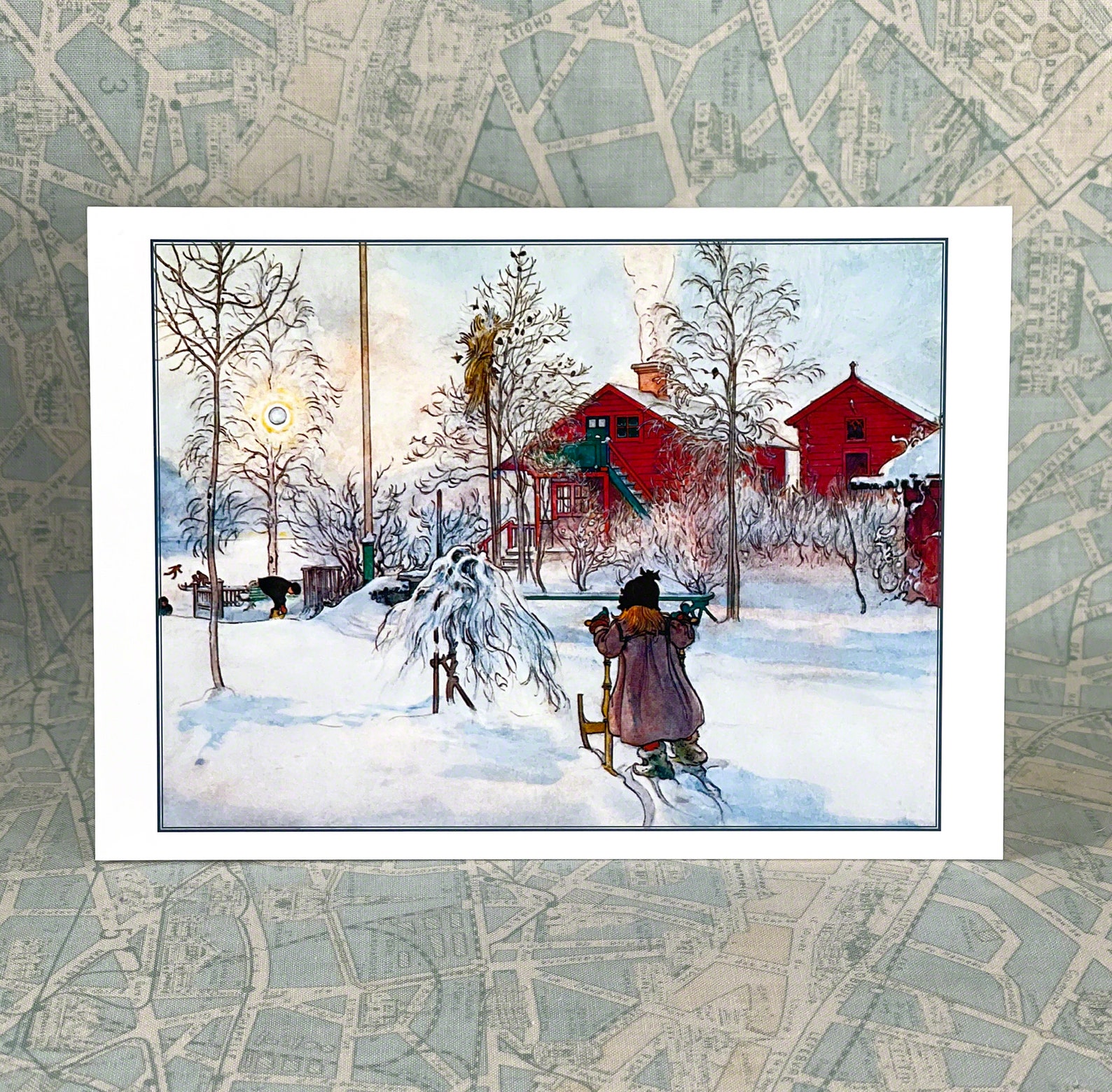 Winter Scene Greeting Card Little Girl With Sled in the Snow - Etsy