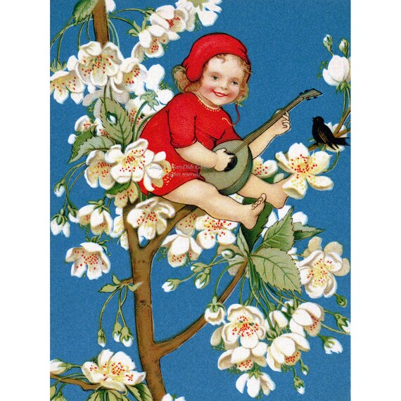 Flower Fairy Card Plays Lute for Bird Repro Flatscher | Etsy