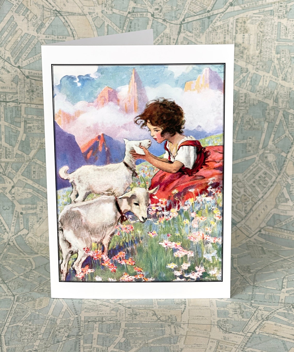 Little Girl Card Heidi With Her Goats Among Flowers Spring - Etsy
