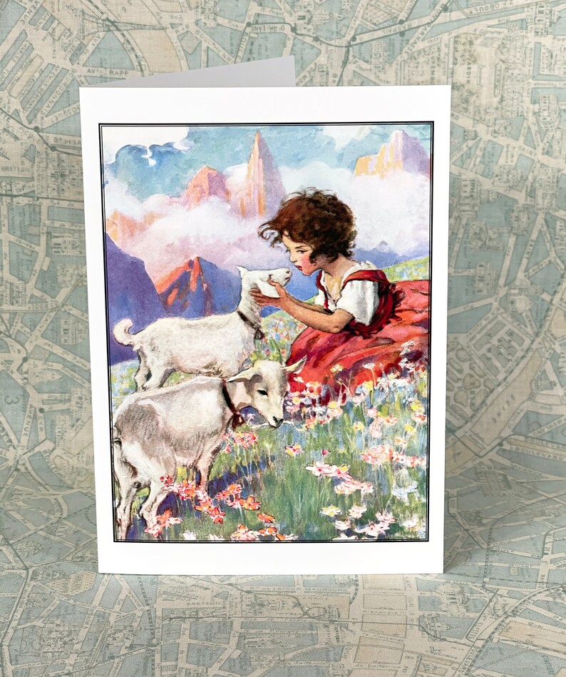 Little Girl Card Heidi With Her Goats Among Flowers Spring - Etsy