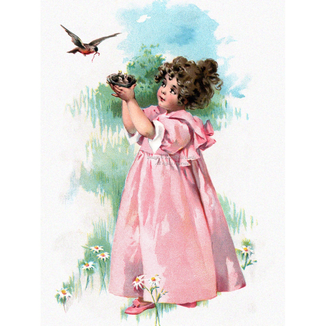 Bird Card - Repro Maud Humphrey - Girl Helps Mama Bird - Etsy