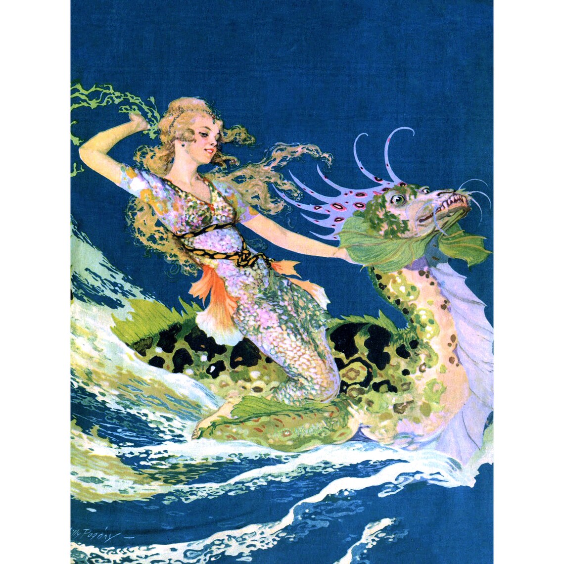 Mermaid Card Sea Serpent Gives an Ocean Fairy a Ride Repro - Etsy