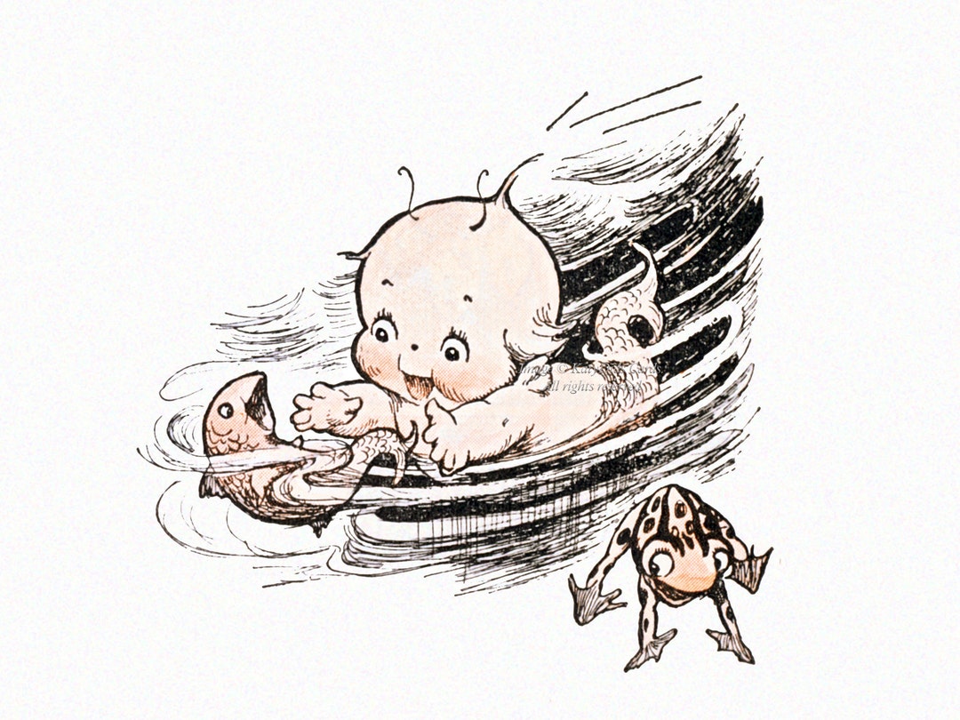 Kewpies Greeting Card Mermaid Kewpie Chases Fish and Frog Rose O'neill ...