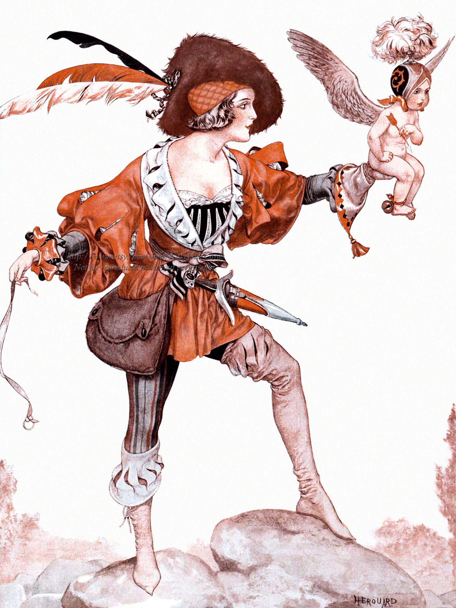 French Valentine Card Girl Falconer W Cupid as Falcon - Etsy