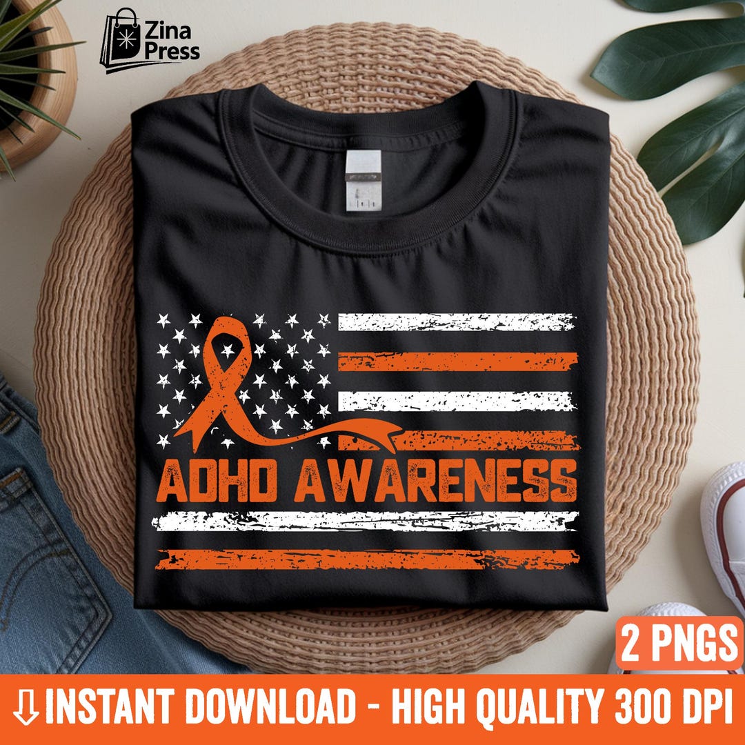 ADHD Awareness American Flag PNG – Orange Ribbon Grunge Distressed ...