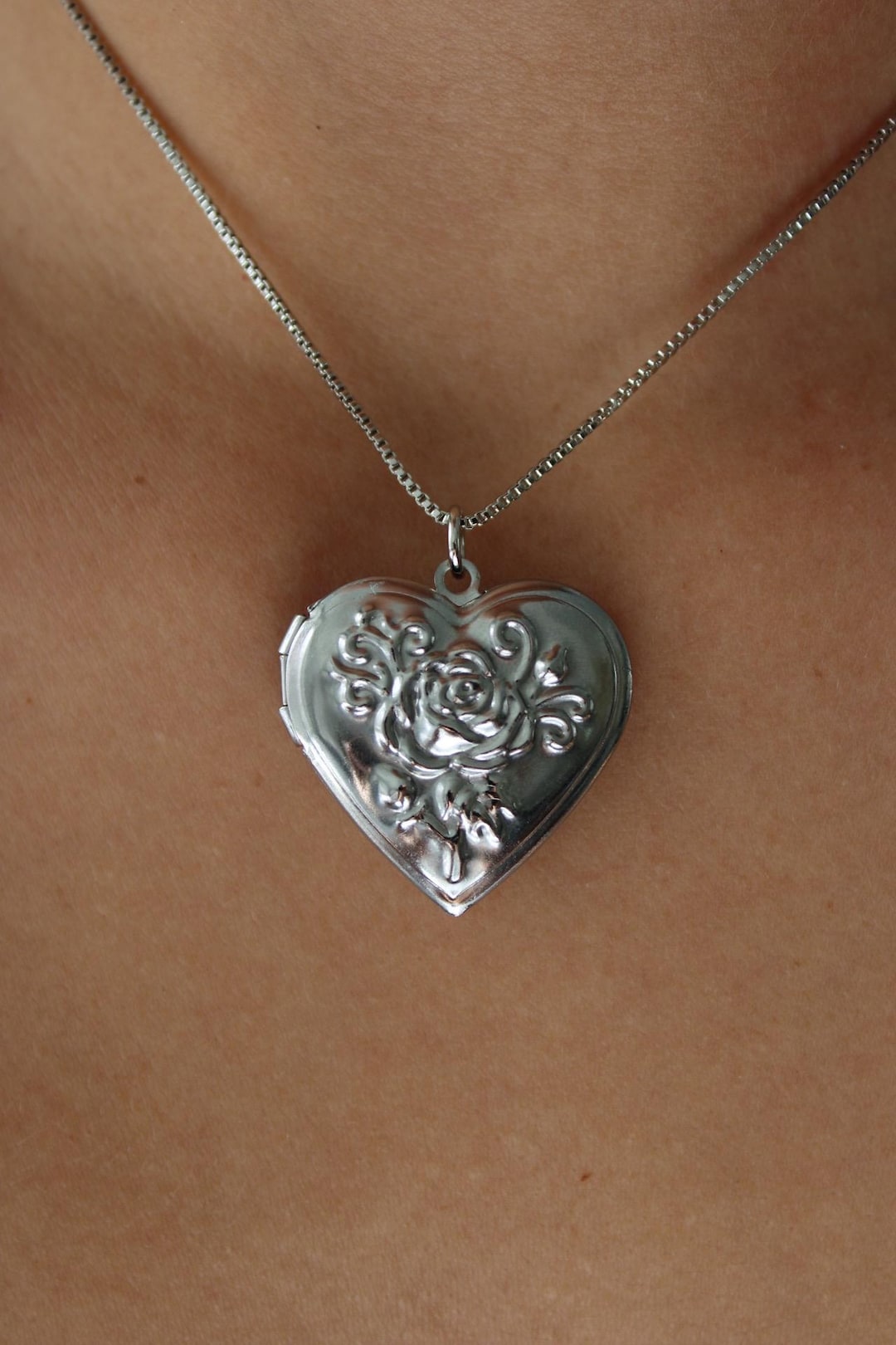Silver Rose Engraved Locket Necklace - Etsy