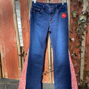 Red Daisy Upcycled Bell Bottoms, Vintage Fabric Insert Jeans, Handmade ...