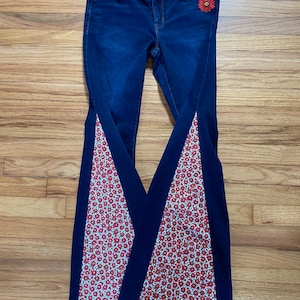 Red Daisy Upcycled Bell Bottoms, Vintage Fabric Insert Jeans, Handmade ...