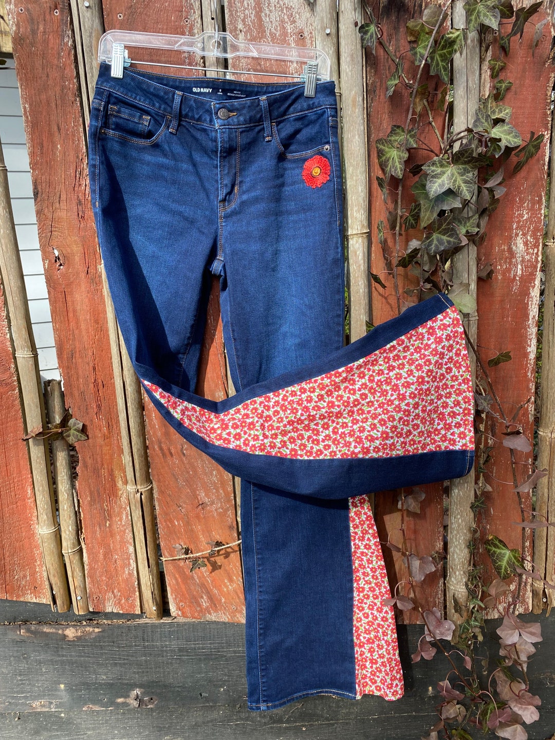 Red Daisy Upcycled Bell Bottoms, Vintage Fabric Insert Jeans, Handmade ...