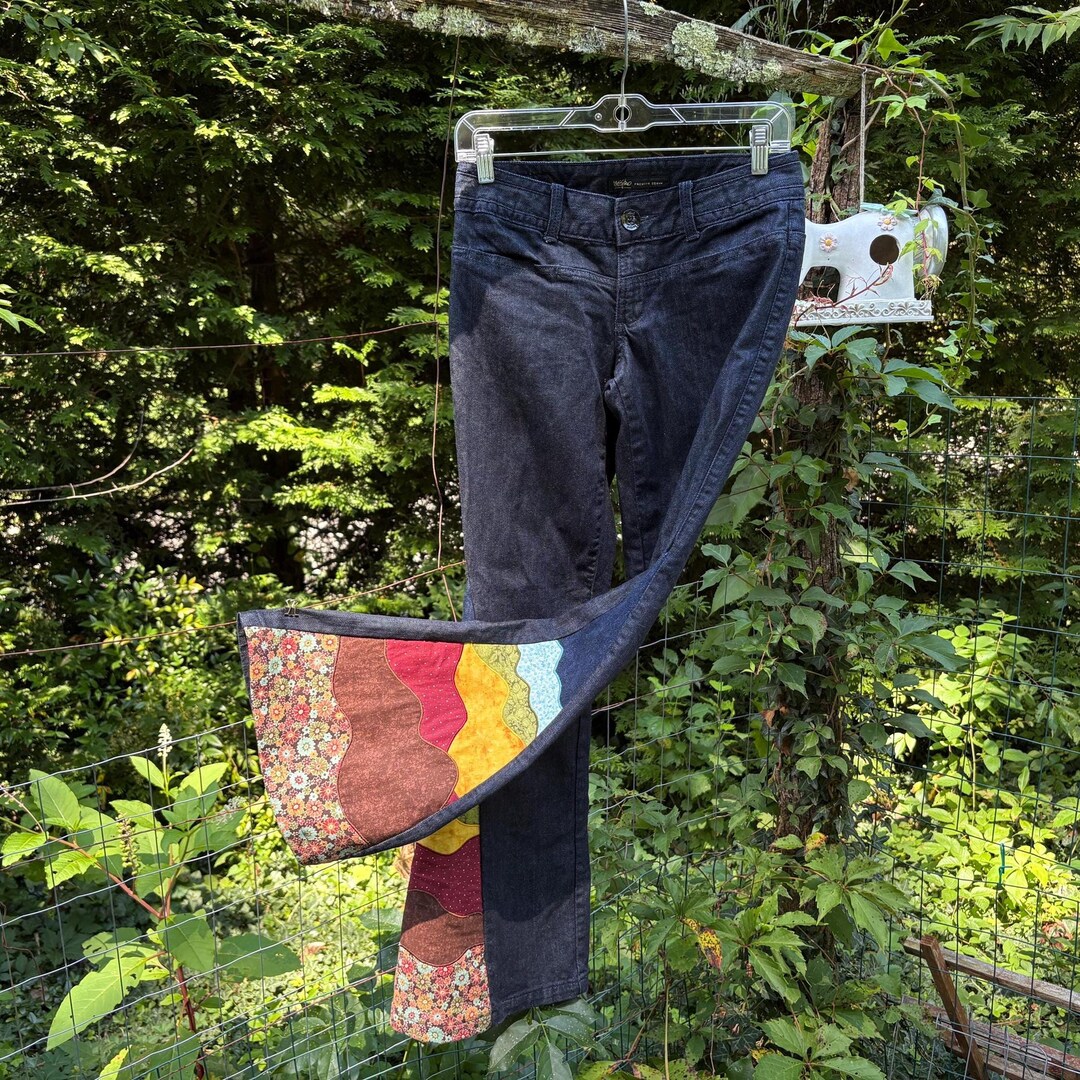 Upcycled Patchwork Bell Bottom Jeans: Blue Ridge Mountains Design, Size ...