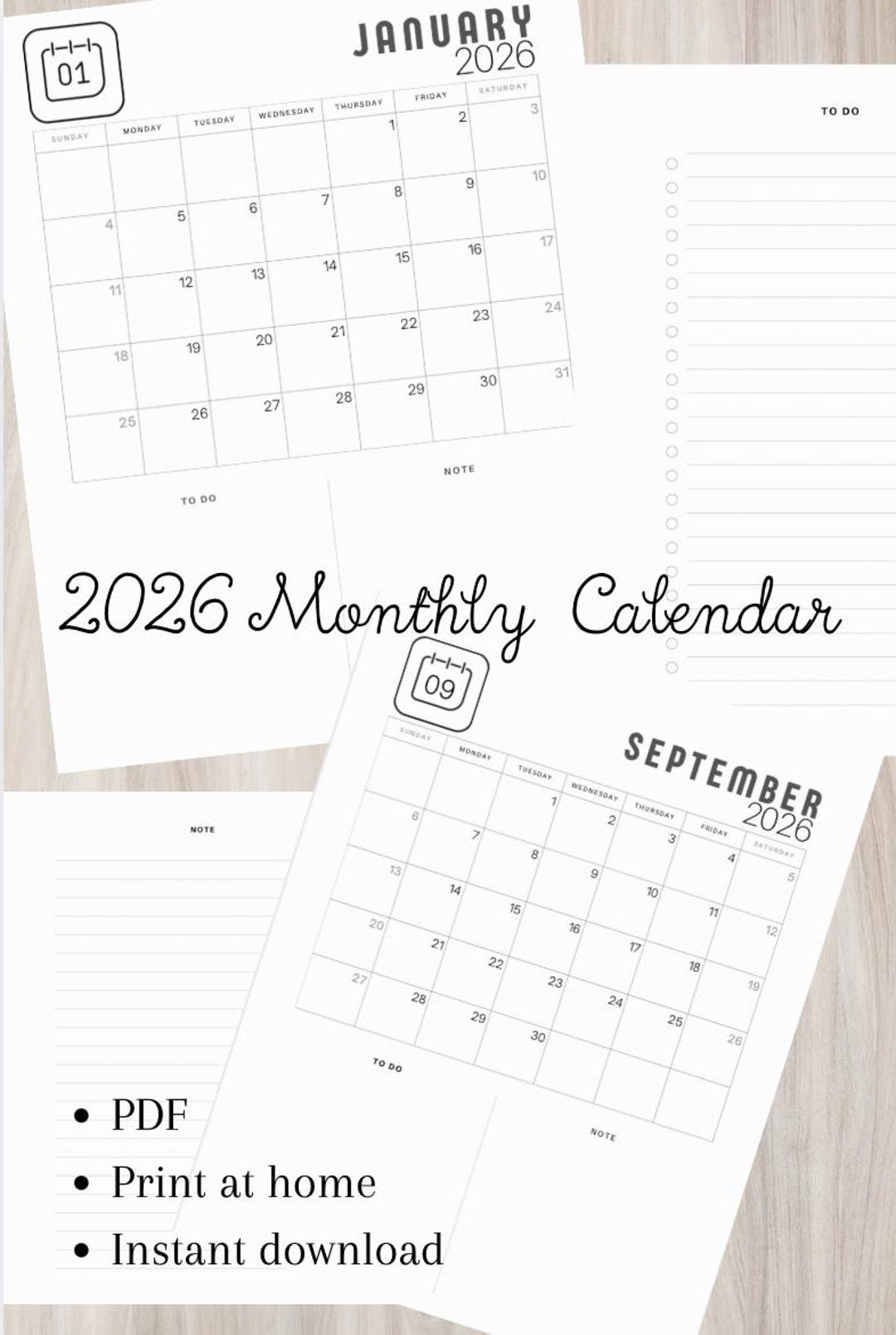 12 Month Calendar Pages. Printable 2026 Monthly Calendar, to Do List ...