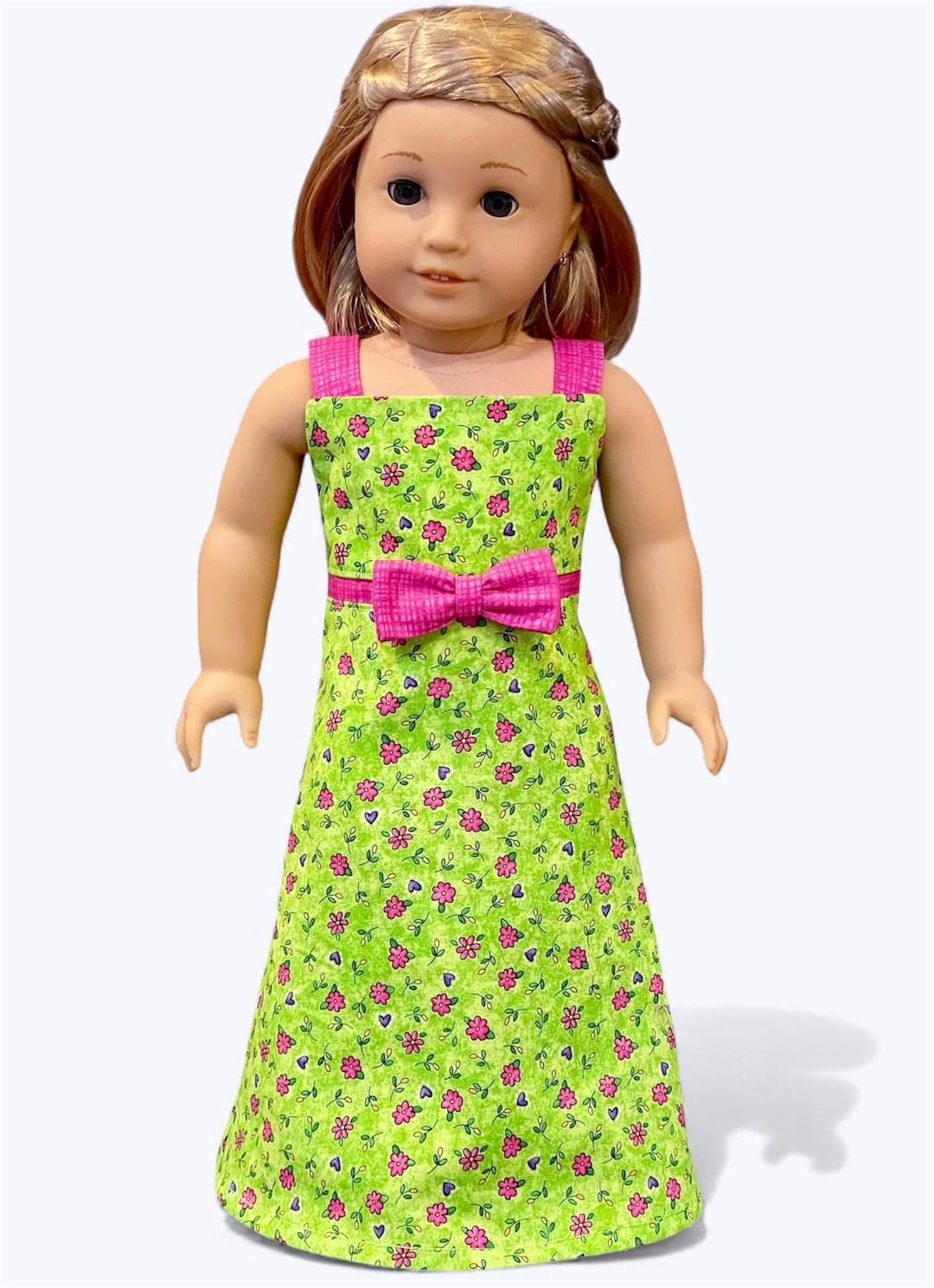 Long Patio Dress for 18-inch Doll, Lime Green With Pink Flowers and Bow ...