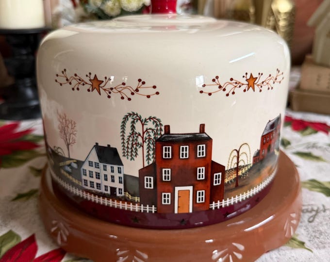 Farmhouse Cake Dome | Primitive Folk Art Village Scene, 9" Ceramic ...