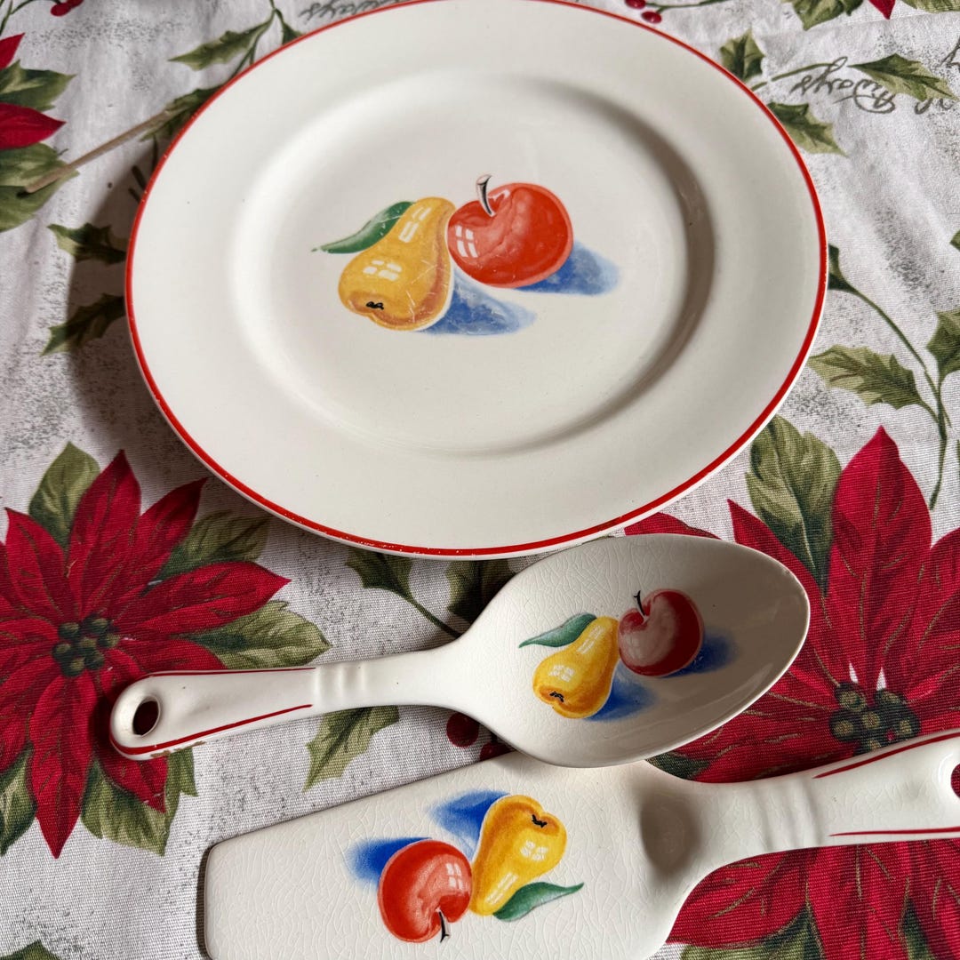 Vintage Bakerite Dessert Set | Red Rim, Fruit, Cottagecore - Etsy
