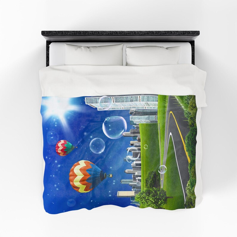 Frutiger Aero Hot Air Balloons Over Y2K Cityscape Velveteen Plush ...