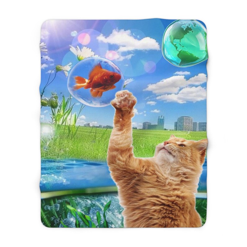Frutiger Aero Tabby Cat Reaching for Goldfish Y2K Sherpa Fleece Blanket ...