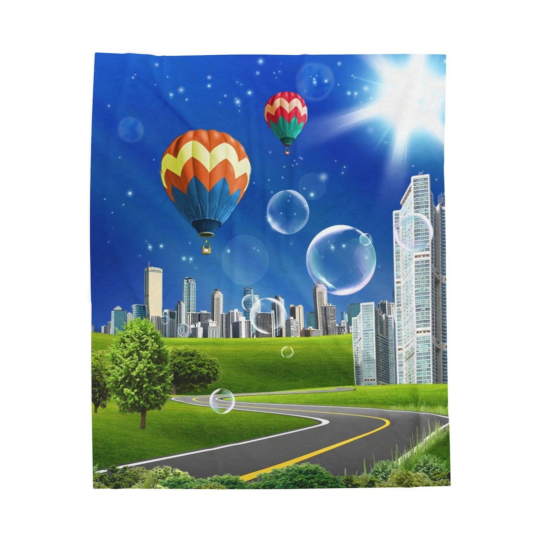 Frutiger Aero Hot Air Balloon Plush Blanket | Y2K Cityscape - Etsy