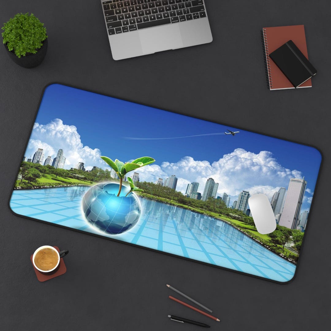 Frutiger Aero Earth Globe Desk Mat | Y2K City Skyline Mousepad - Etsy