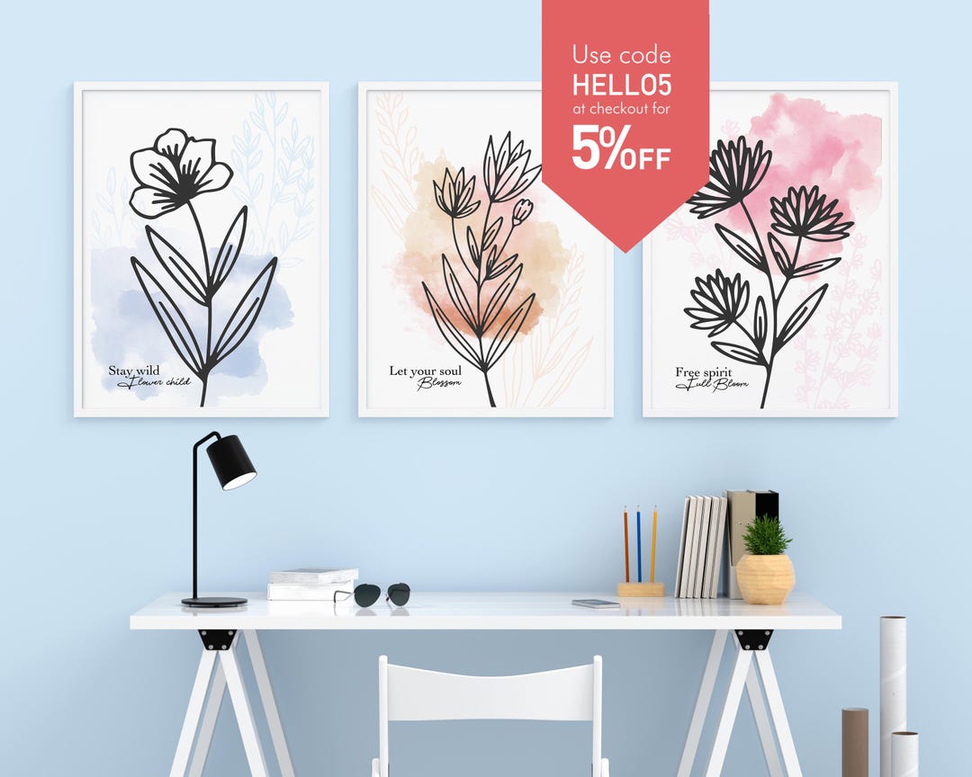 Minimalist Floral Watercolor Quote Posters - 3 Piece Motivational Wall ...