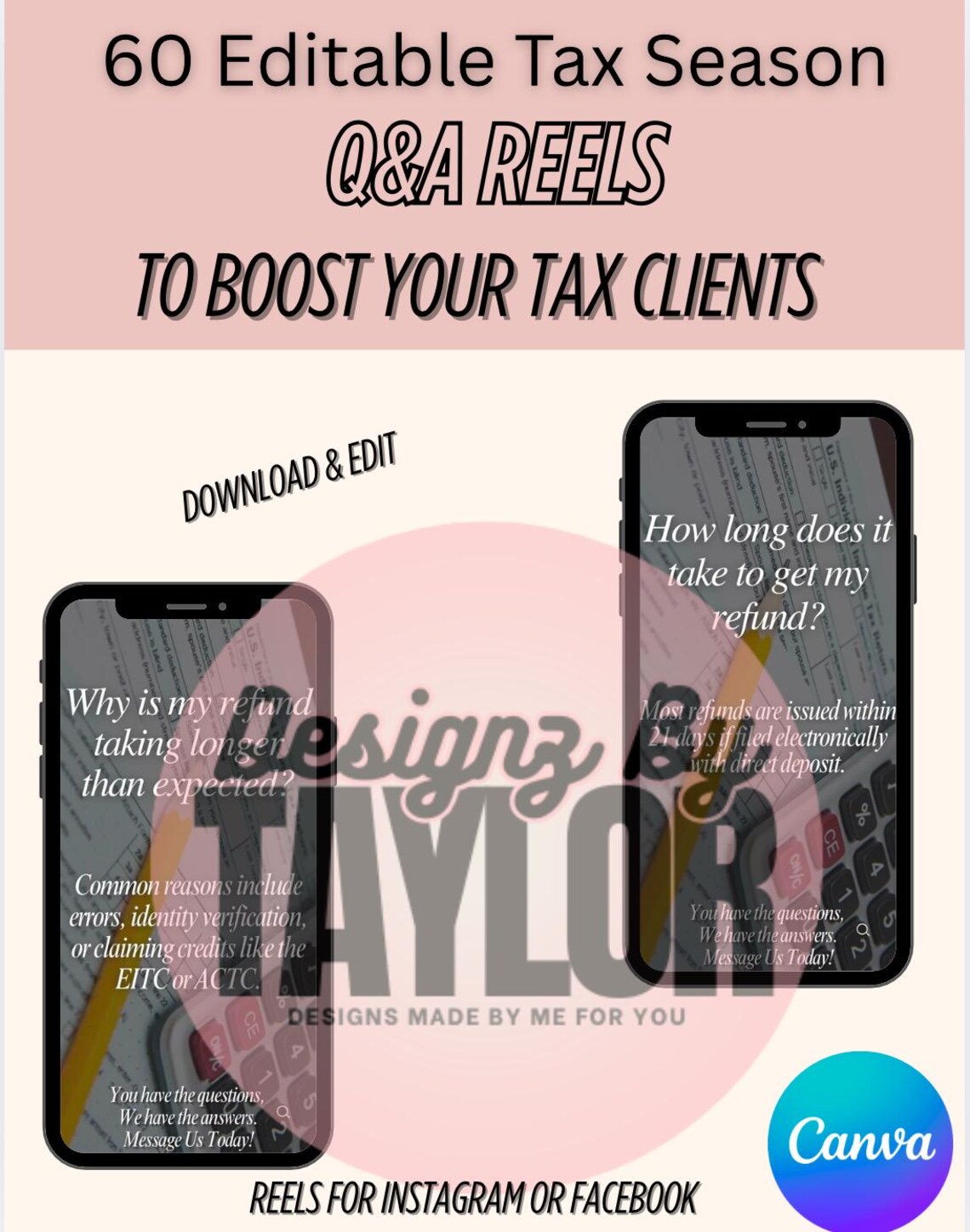 60 Tax Reels Canva Template | Tax Season Q&A Content | Editable ...