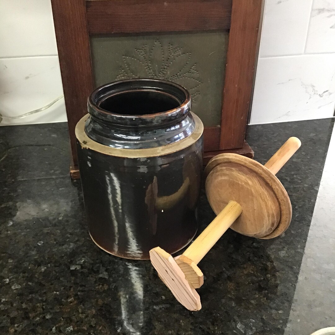 Antique Stoneware Butter Churn With Wooden Lid and Dasher. Dark Brown ...
