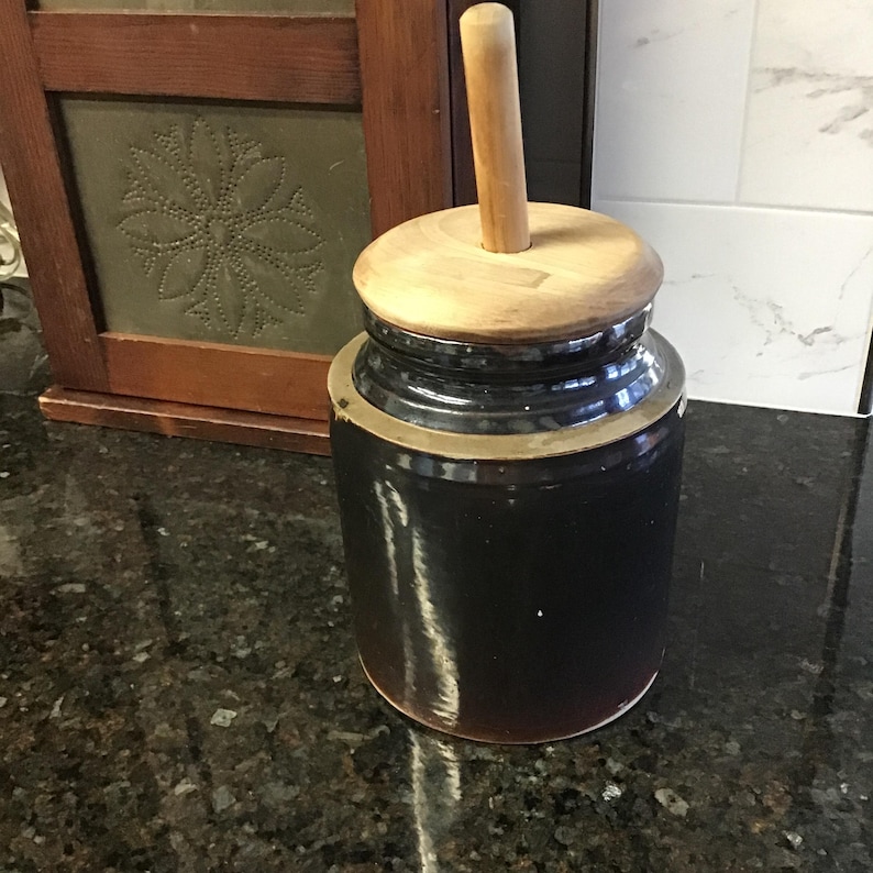 Antique Stoneware Butter Churn With Wooden Lid and Dasher. Dark Brown ...