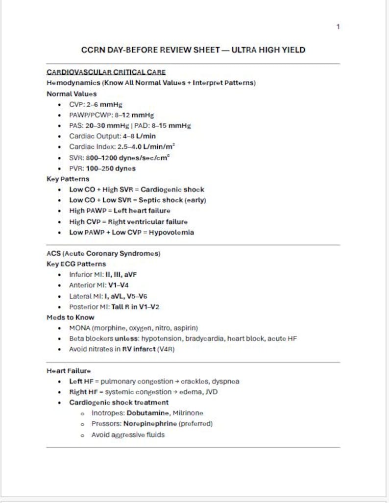 CCRN Rapid Review | 10-page ICU Study Guide (instant Download) - Etsy