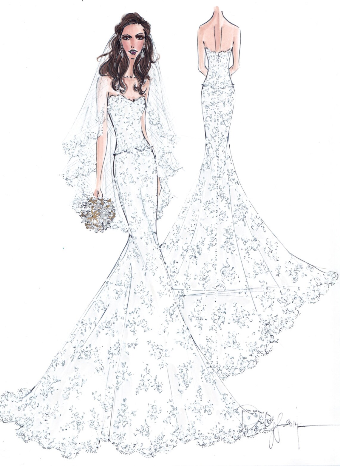 Custom Wedding Gown Illustration FRONT and BACK | Etsy