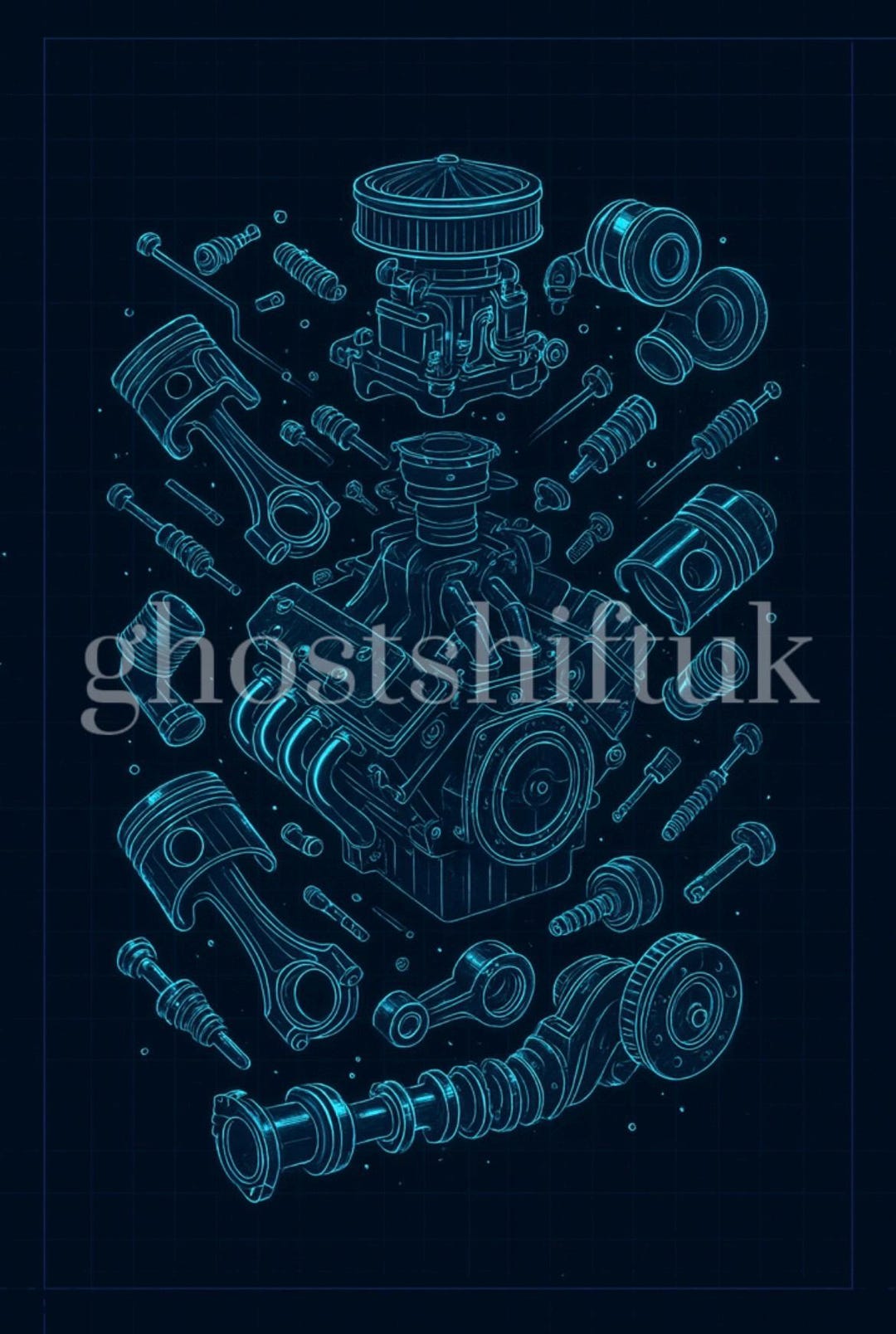 Exploded V8 Engine Blueprint Wall Art | Mechanical Schematic Poster ...