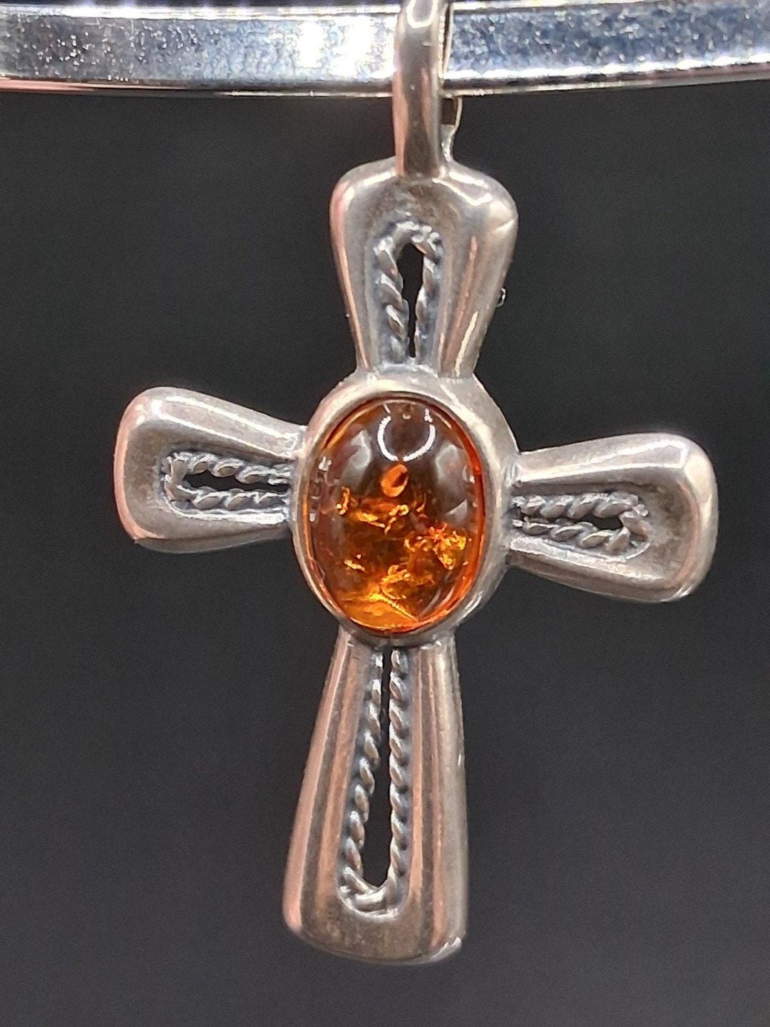 Baltic Amber Cross Pendant, Signed V8, Valerio, Sterling Silver ...