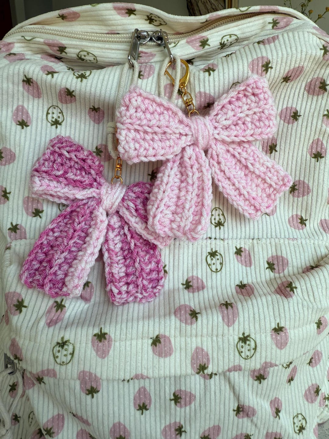 The Cutest Crocheted Tie Dye Pink Bow Keychain for Backpack and Purse ...