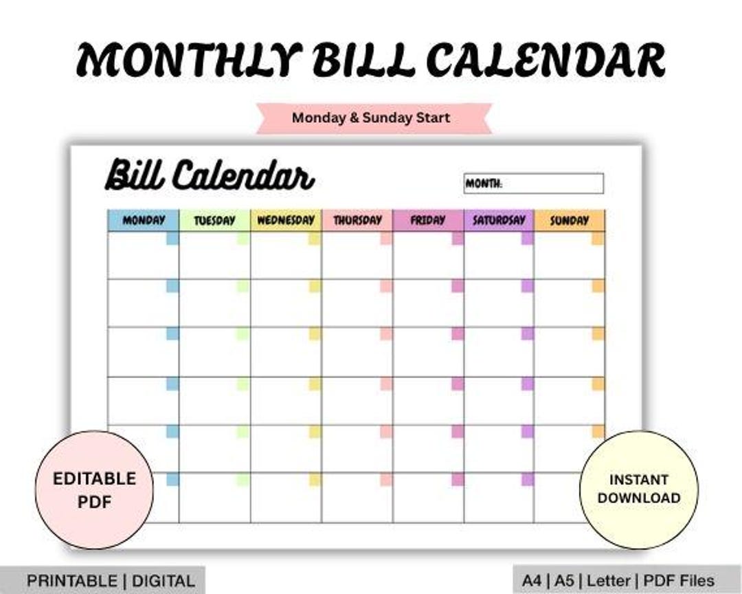 Editable Bill Calendar | Printable Monthly Bill Planner | Monthly Bill ...