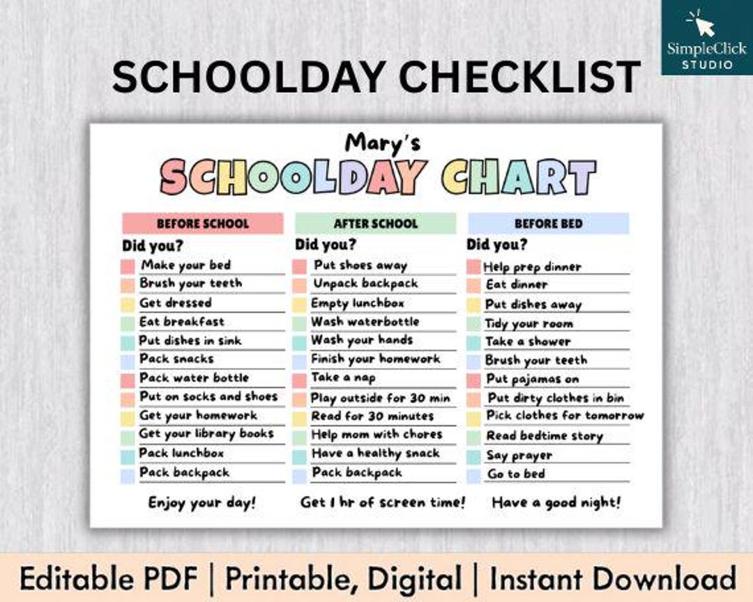 Editable Schoolday Checklist for Kids | Printable | Kids Chore Chart ...