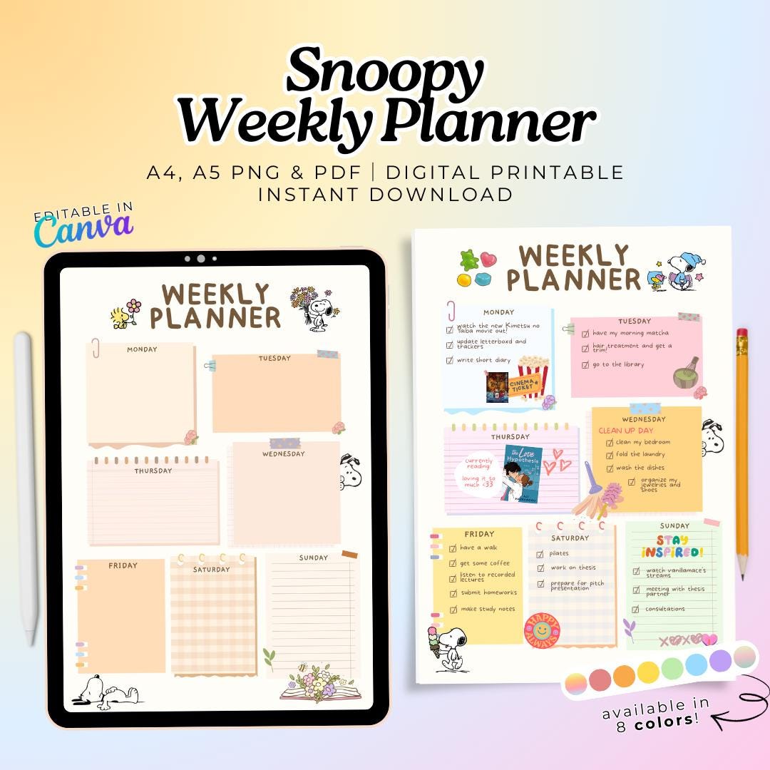 Snoopy Weekly Printable Digital Undated Planner - Cute Simple Editable ...