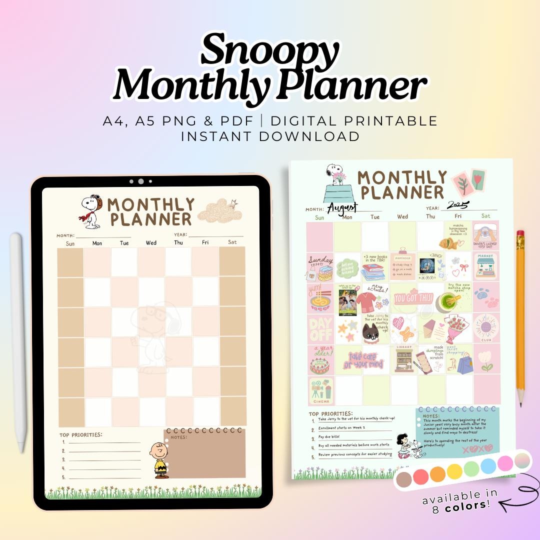 Snoopy Monthly Planner: Peanuts-themed Printable Organizer (A4/A5 ...