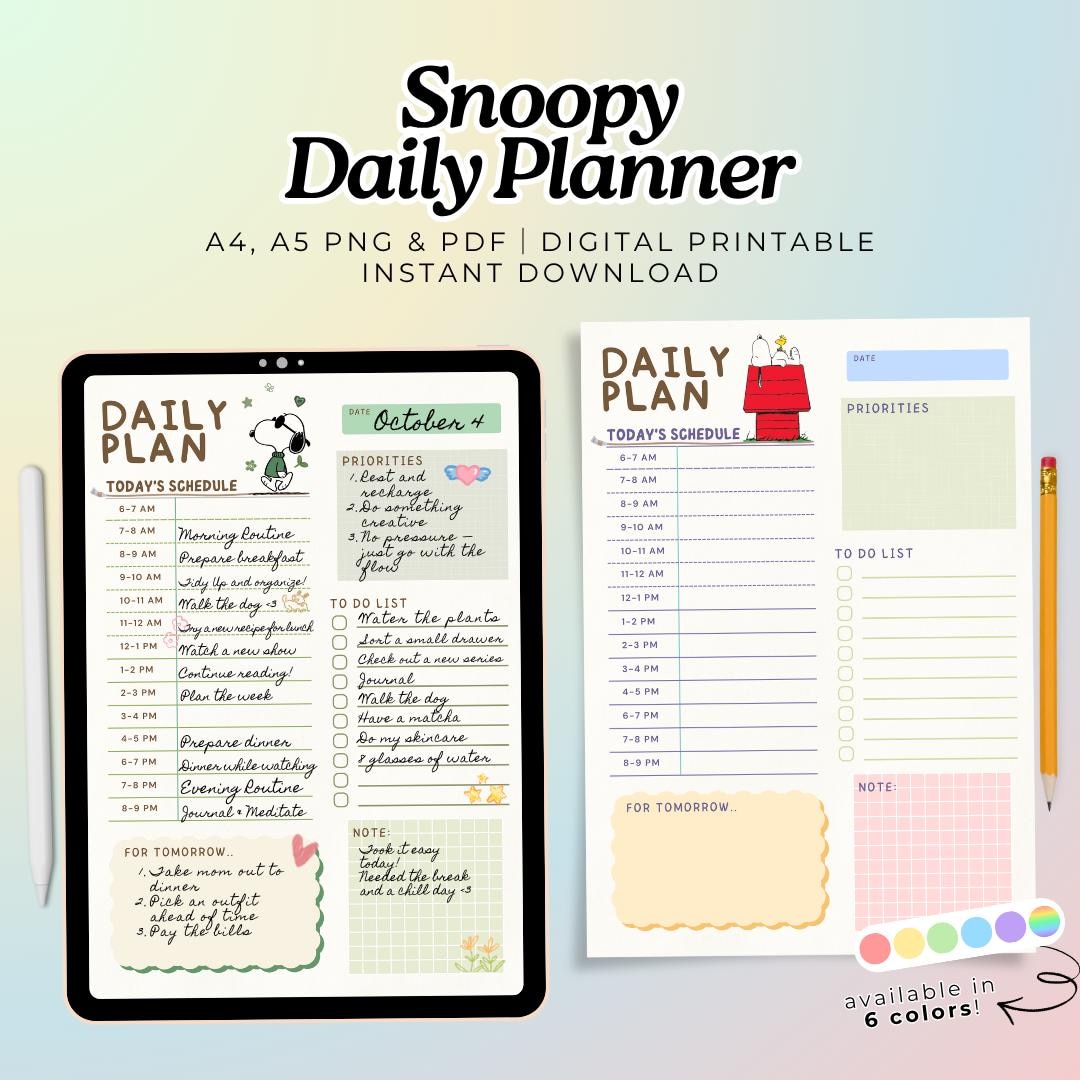 Snoopy Daily Planner Printable – Cute Daily Schedule PDF PNG, Peanuts ...