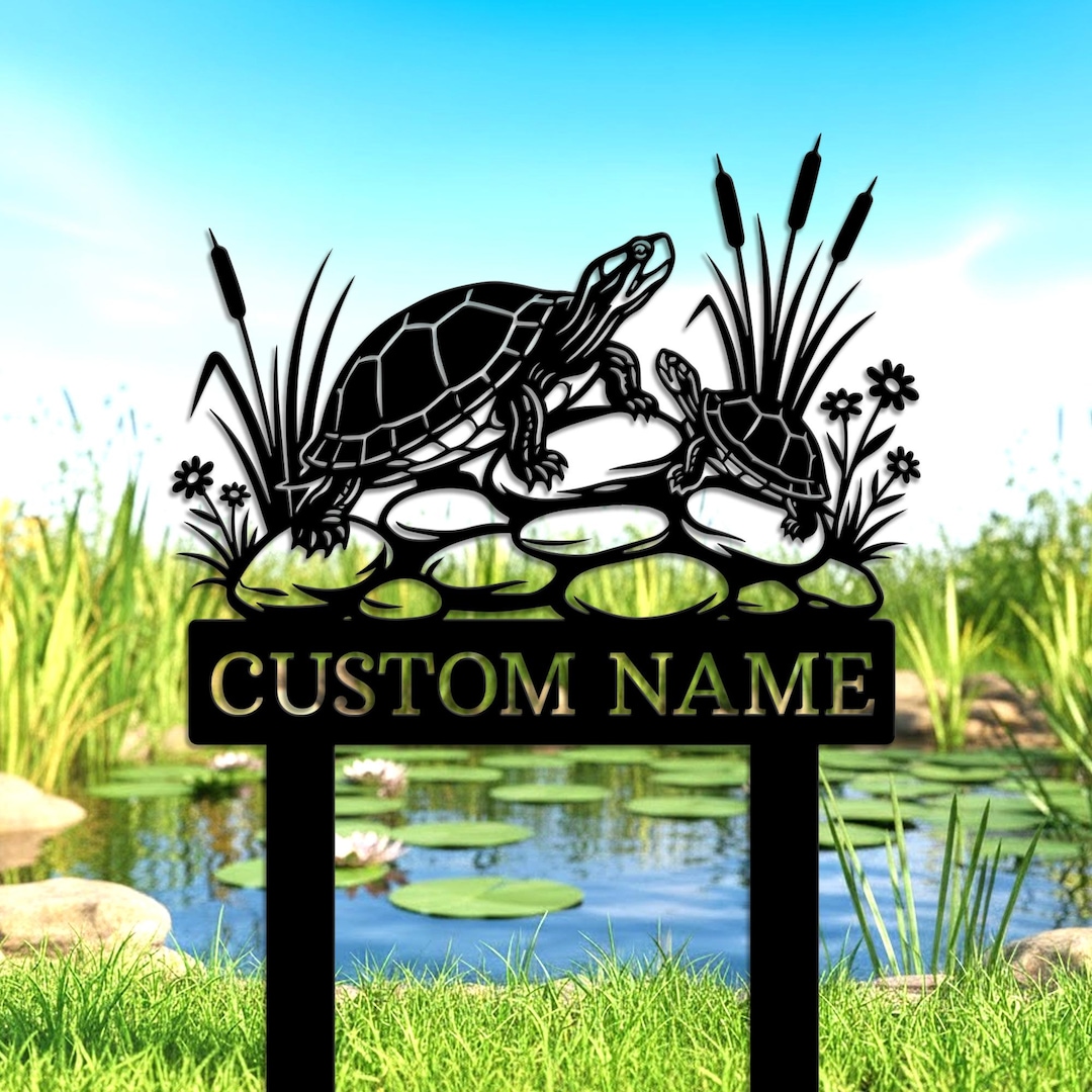 Personalized Turtle Garden Sign, Custom Pond Yard Stake, Outdoor Metal ...