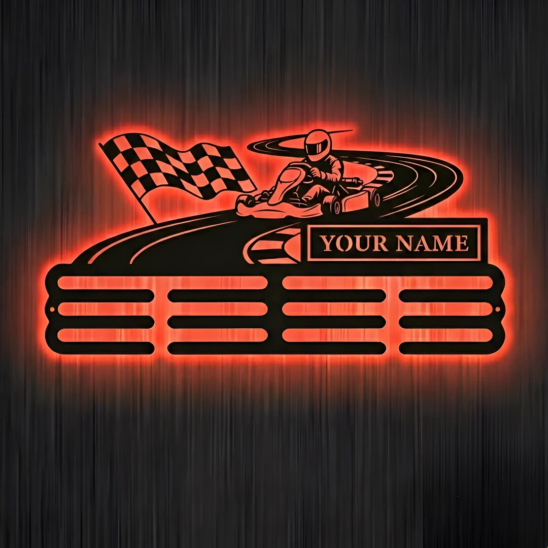 Personalized Racing LED Sign With Name, Checkered Flag, Go Kart Wall ...