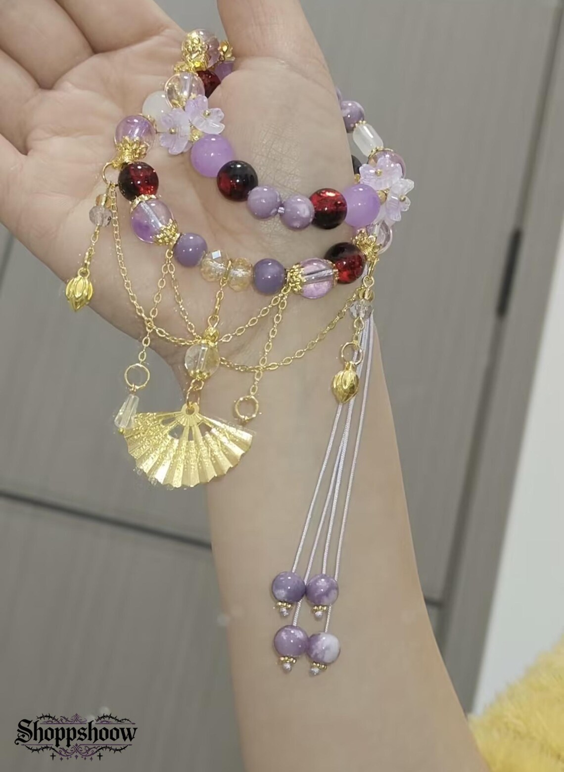 Demon Slayer Douma Double-strand Beaded Bracelet: Golden Fan Pendant ...
