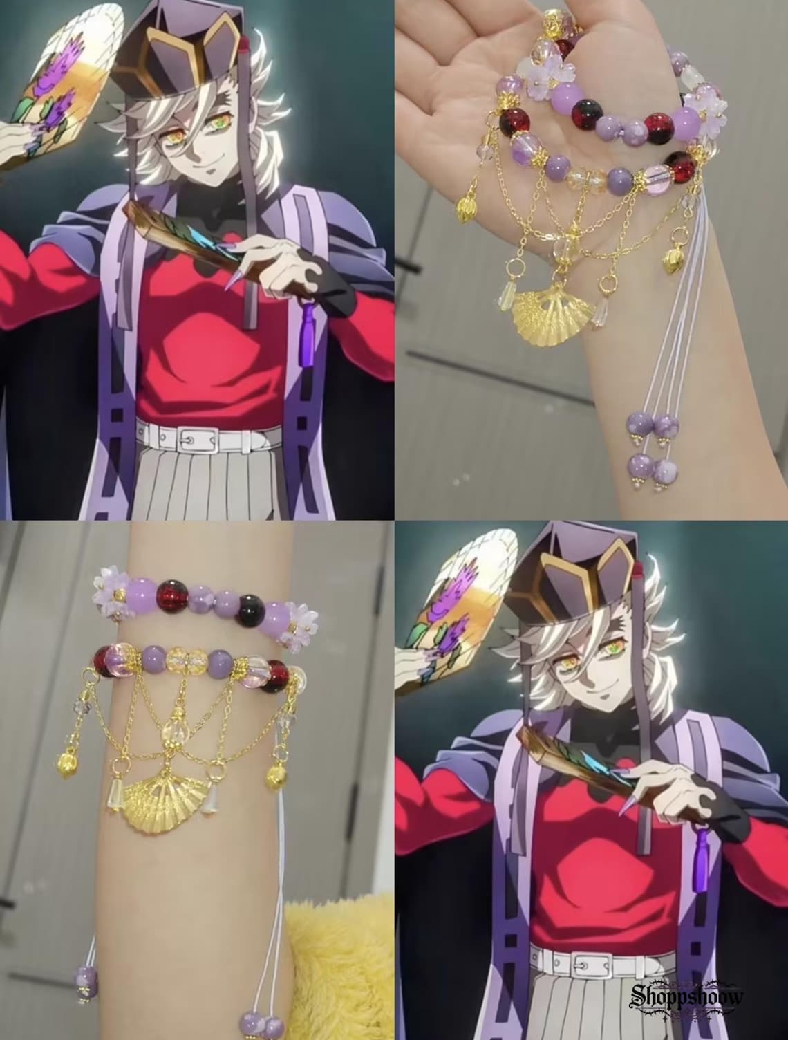 Demon Slayer Douma Double-strand Beaded Bracelet: Golden Fan Pendant ...